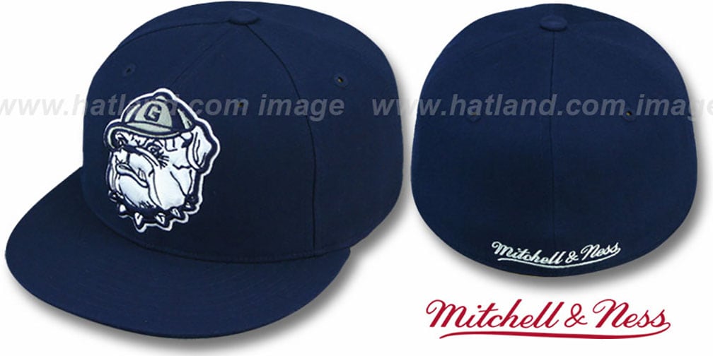 Georgetown XL-LOGO Navy Fitted Hat by Mitchell and Ness