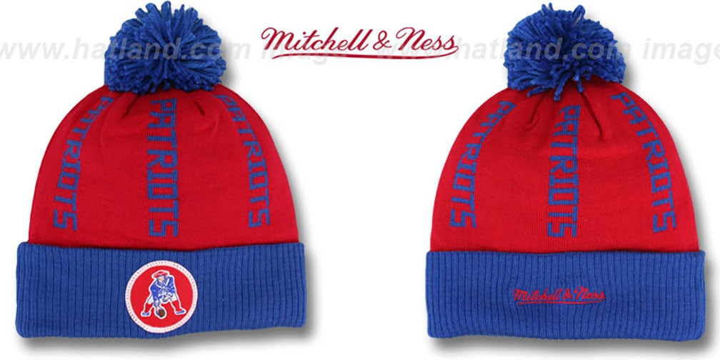 Patriots VERTICAL WORD BEANIE Red-Royal by Mitchell and Ness