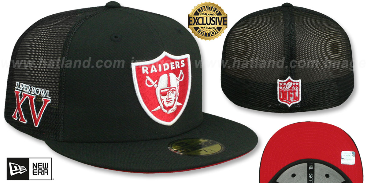 Las Vegas Raiders SB XV MESH-BACK SIDE-PATCH Black-Red Fitted Hat