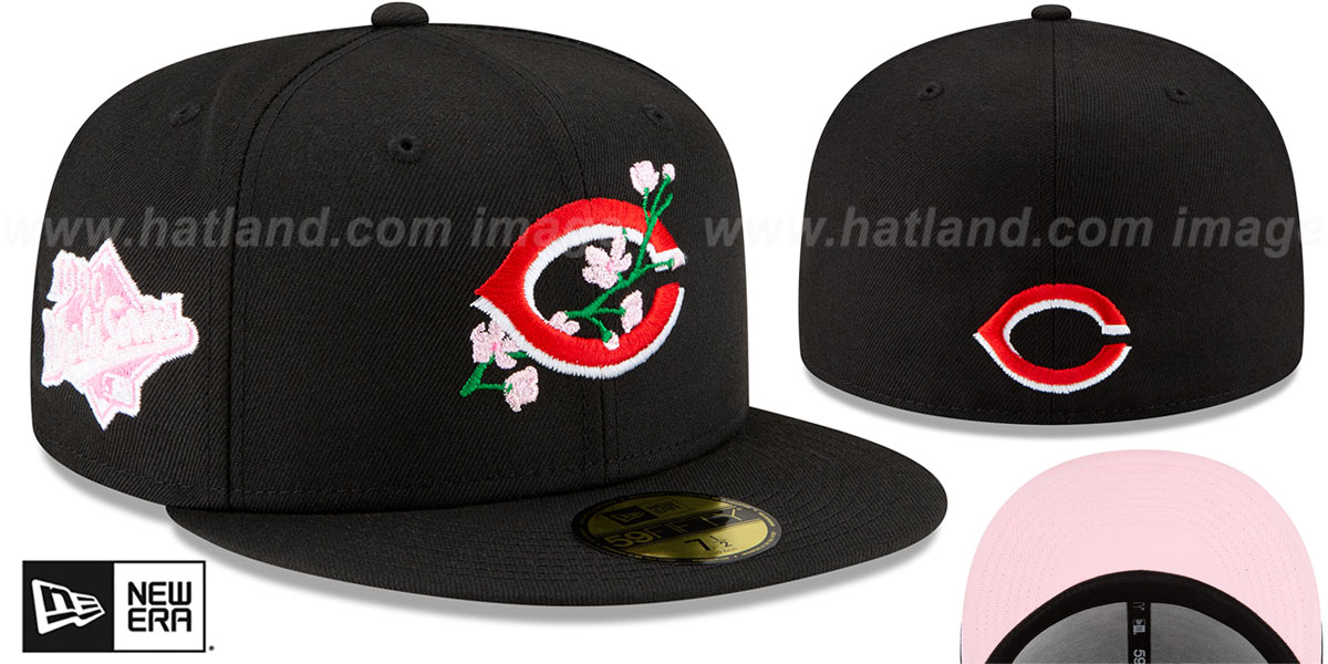Cincinnati Reds LOGO BLOOM SIDE-PATCH Black-Pink Fitted Hat