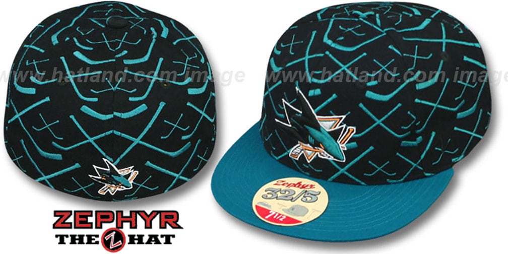 San Jose Sharks 2T TOP-SHELF Black-Teal Fitted Hat by Zephyr