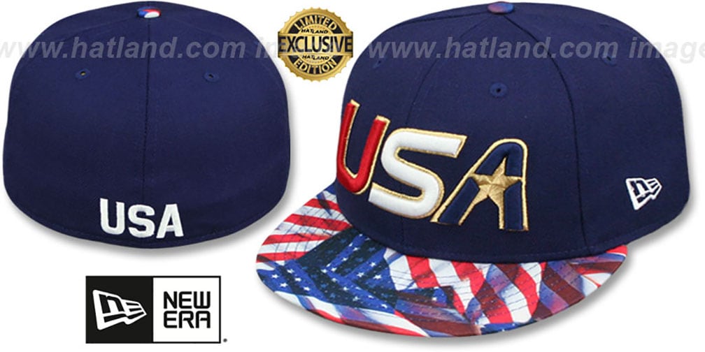 United States USA Slant WAVING-FLAG Navy Fitted Hat