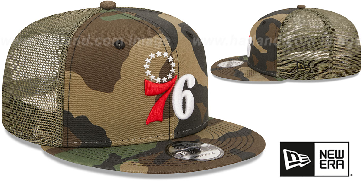 Philadelphia 76ers ARMY CAMO TRUCKER Hat by New Era