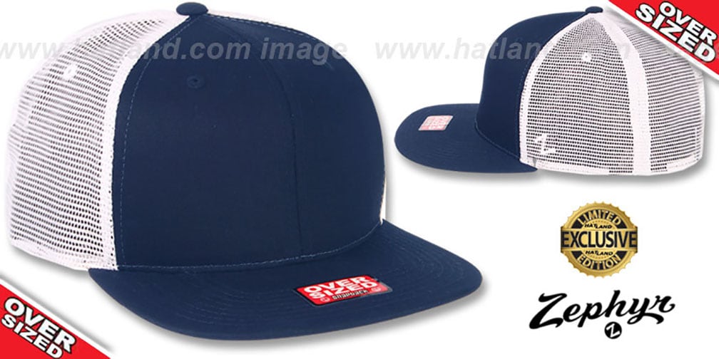 Blank OVER-SIZED MESH-BACK SNAPBACK Navy-White Hat by Zephyr