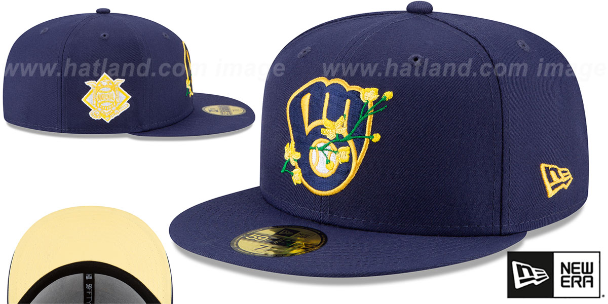 Milwaukee Brewers LOGO BLOOM SIDE-PATCH Navy-Yellow Fitted Hat