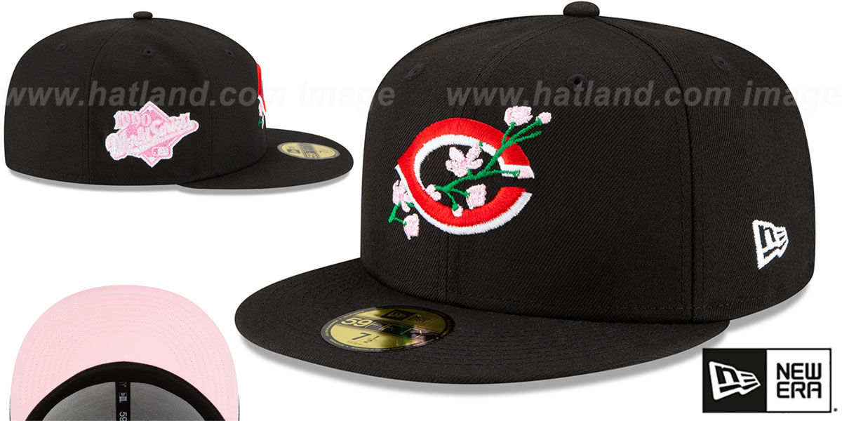 Cincinnati Reds LOGO BLOOM SIDE-PATCH Black-Pink Fitted Hat