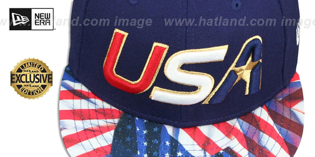 United States USA Slant WAVING-FLAG Navy Fitted Hat