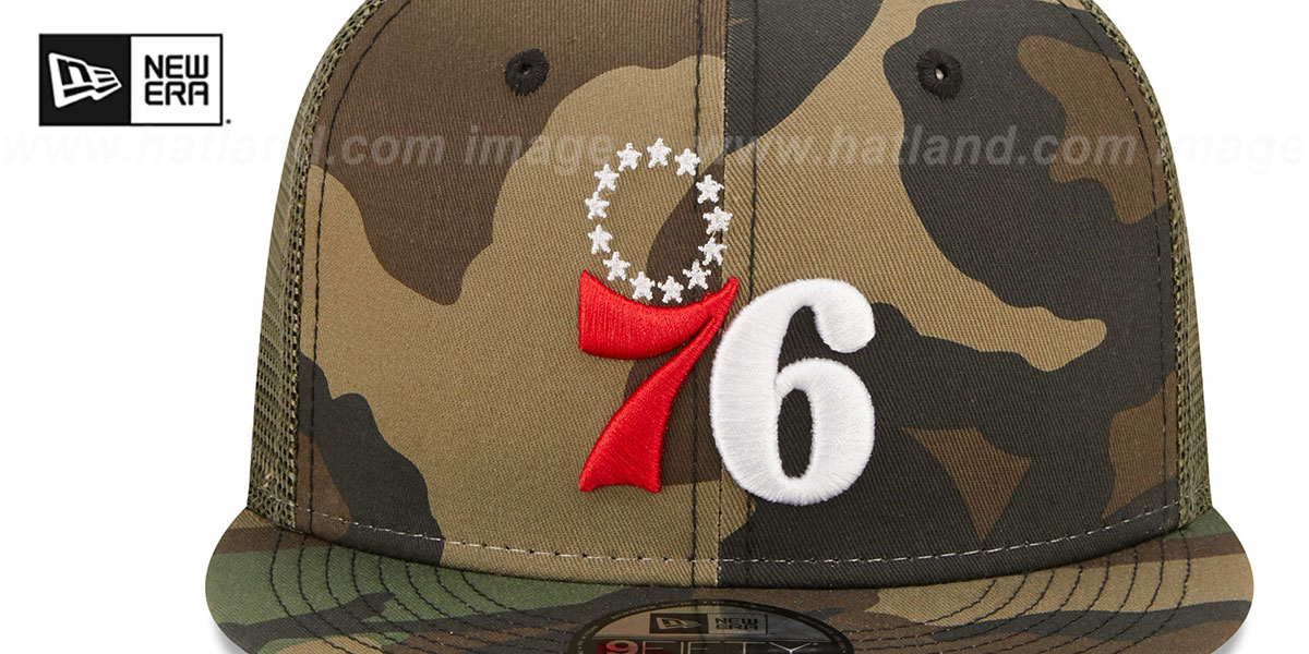 Philadelphia 76ers ARMY CAMO TRUCKER Hat by New Era