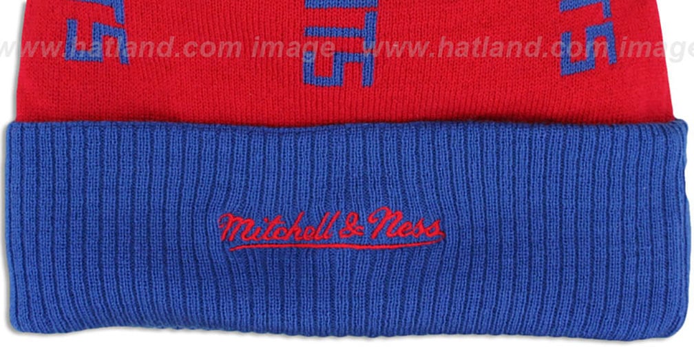Patriots VERTICAL WORD BEANIE Red-Royal by Mitchell and Ness