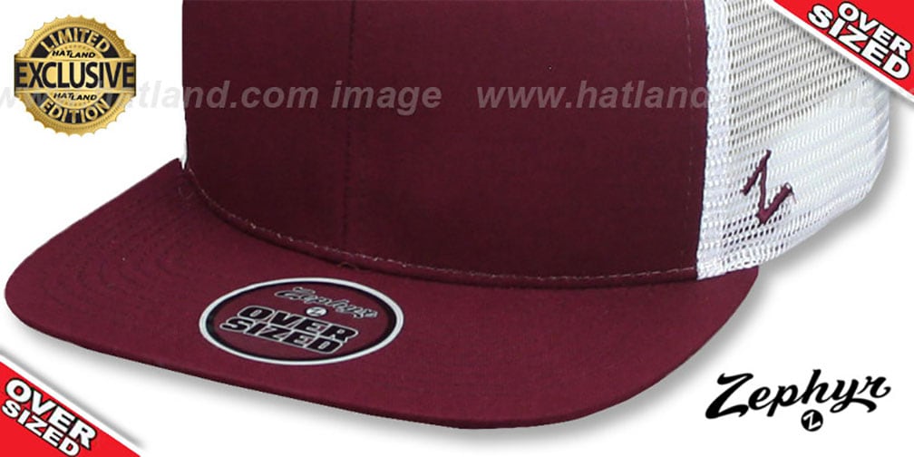 Blank OVER-SIZED MESH-BACK SNAPBACK Maroon-White Hat by Zephyr