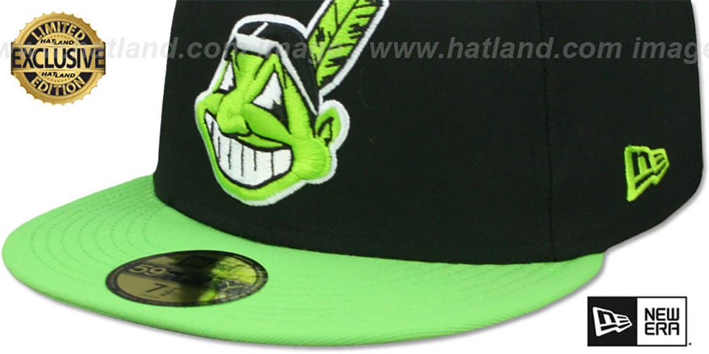 Cleveland Indians CHIEF-WAHOO Black-Lime Fitted Hat