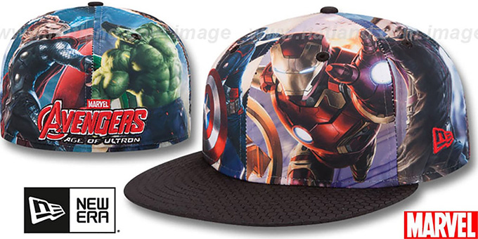 Marvel Avengers CHARACTER ALL-OVER Multi-Black Fitted Hat