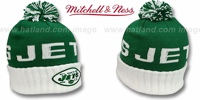 Jets CUFF BEANIE Green-White Knit Hat by Mitchell and Ness