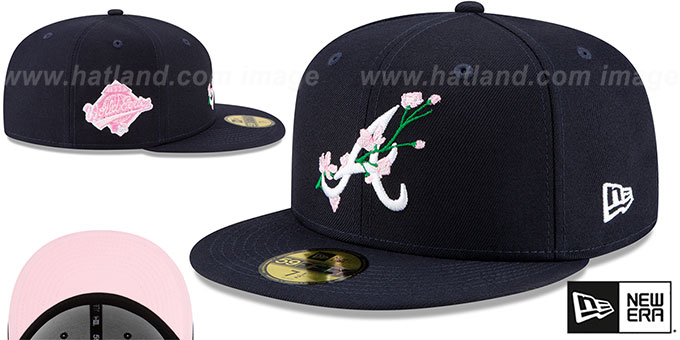 Atlanta Braves LOGO BLOOM SIDE-PATCH Navy-Pink Fitted Hat